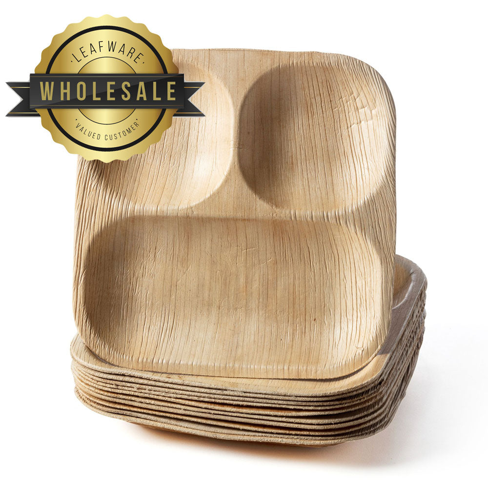 WHOLESALE - 9" Square Compartment Leaf Plates (100 count) SKU: LW9S-3C ...